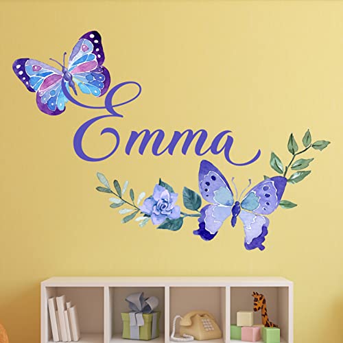 PrintsbyDM Custom Name Butterfly Wall Decal- Girls Room Wall Decor - WM531. Custom Name Removable Nursery Wall Decal for Girl - Flower Mural Wall Decal for Girls Bedroom