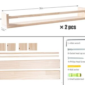 AZSKY Nursery Bookshelf Set of 2,36 Inch Natural Wood Nursery Book Shelves Wall Bookshelves for Kids,Baby Floating Bookshelves for Wall,Bathroom Living Room Decor,Can Be Dyed