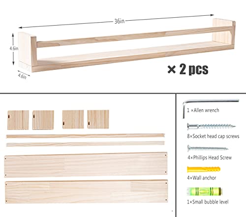 AZSKY Nursery Bookshelf Set of 2,36 Inch Natural Wood Nursery Book Shelves Wall Bookshelves for Kids,Baby Floating Bookshelves for Wall,Bathroom Living Room Decor,Can Be Dyed