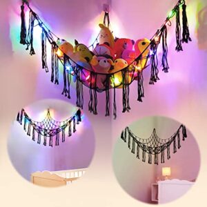 stuffed animal net or hammock with led light, hanging corner net for stuffed animals storage, stuffed animal hammock holder with hooks for hanging, toy organizer for bedroom nursery crib kindergarten