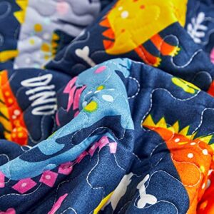 Quilted Toddler Bedding Set 4 Pieces Summer Navy Colorful Dinosaur Toddler Bed Set Includes Toddler Size Quilt Set, Flat Sheet, Fitted Sheet and Pillowcase