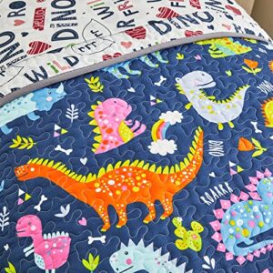 Quilted Toddler Bedding Set 4 Pieces Summer Navy Colorful Dinosaur Toddler Bed Set Includes Toddler Size Quilt Set, Flat Sheet, Fitted Sheet and Pillowcase