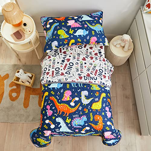 Quilted Toddler Bedding Set 4 Pieces Summer Navy Colorful Dinosaur Toddler Bed Set Includes Toddler Size Quilt Set, Flat Sheet, Fitted Sheet and Pillowcase