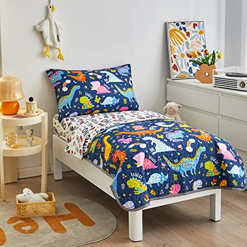 Quilted Toddler Bedding Set 4 Pieces Summer Navy Colorful Dinosaur Toddler Bed Set Includes Toddler Size Quilt Set, Flat Sheet, Fitted Sheet and Pillowcase