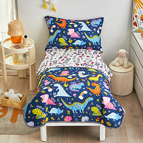 Quilted Toddler Bedding Set 4 Pieces Summer Navy Colorful Dinosaur Toddler Bed Set Includes Toddler Size Quilt Set, Flat Sheet, Fitted Sheet and Pillowcase