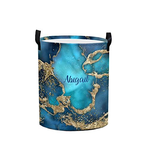 Dreamy Blue Teal and Gold Personalized Laundry Basket ,Custom Foldable Storage Bins Laundry Hamper for Nursery Pet Toys Clothes