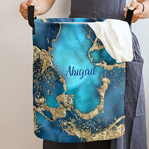 Dreamy Blue Teal and Gold Personalized Laundry Basket ,Custom Foldable Storage Bins Laundry Hamper for Nursery Pet Toys Clothes