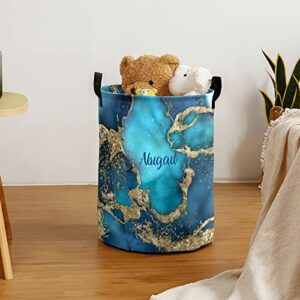 Dreamy Blue Teal and Gold Personalized Laundry Basket ,Custom Foldable Storage Bins Laundry Hamper for Nursery Pet Toys Clothes