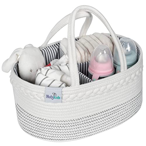 Nuly Kids Baby Diaper Caddy Organizer - Nursery Storage Basket for Boys & Girls, Large Bag & Car Bassinet with Removable Inserts, Newborn Care Items, Baby Registry Must Haves, 100% White Cotton, White