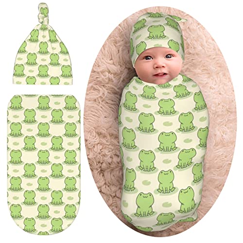 Frog Cartoon Baby Stuff Newborn Baby Swaddle Blanket Swaddle Wrap Soft Sleep Sacks Stretchy Receiving Blankets with Hat for Boy Girl Infants Gifts