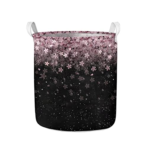 Xhuibop Cherry Blossom Laundry Hamper for Girls Pink and Black Cloth Hamper Organizer Large Storage Basket with Handles for Women Bedroom Modern Decoration