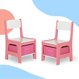 3 in 1 Kids Wood Table and 2 Chairs Set Kids Multi Activity Table and Chair with Storage Children Play Desk for Building Blocks Reading Drawing Art Playroom (Pink)