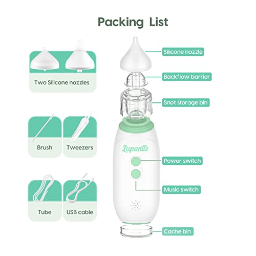 Baby Electric Nasal Aspirator, Lupantte Rechargeable Baby Nose Sucker, Electric Nose Aspirator for Toddler, Clean Mucus/Snot, with Music and Light Function, 3 Gears Adjustable, 2 Different Nozzles