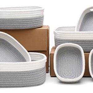 HLWDFLZ 7 Piece Cotton Rope Woven Basket Set - Woven Storage Basket Pets Toy Cotton Rope Basket for Organizing, Small Basket for Montessori, Dog Cat Toy Box, Baby Nursery (White/Gray)