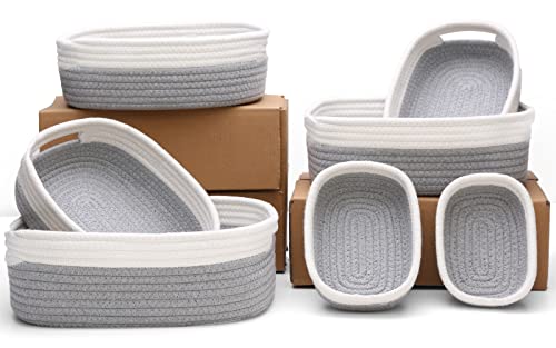 HLWDFLZ 7 Piece Cotton Rope Woven Basket Set - Woven Storage Basket Pets Toy Cotton Rope Basket for Organizing, Small Basket for Montessori, Dog Cat Toy Box, Baby Nursery (White/Gray)