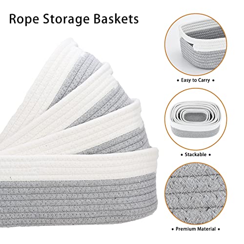 HLWDFLZ 7 Piece Cotton Rope Woven Basket Set - Woven Storage Basket Pets Toy Cotton Rope Basket for Organizing, Small Basket for Montessori, Dog Cat Toy Box, Baby Nursery (White/Gray)