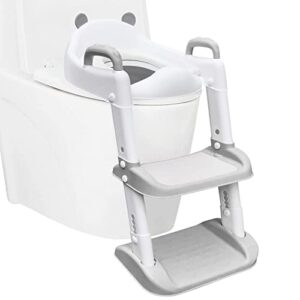 potty training toilet seat with step stool ladder for kids and toddler boys girls - soft padded seat with foldable anti-slip wide step and safety handles - gray