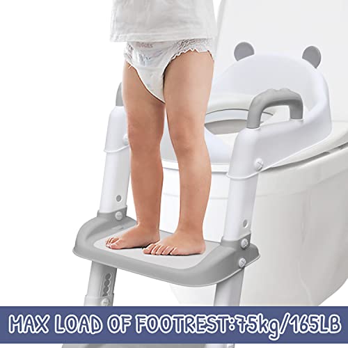 Potty Training Toilet Seat with Step Stool Ladder for Kids and Toddler Boys Girls - Soft Padded Seat with Foldable Anti-Slip Wide Step and Safety Handles - Gray