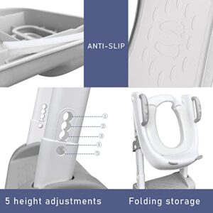 Potty Training Toilet Seat with Step Stool Ladder for Kids and Toddler Boys Girls - Soft Padded Seat with Foldable Anti-Slip Wide Step and Safety Handles - Gray