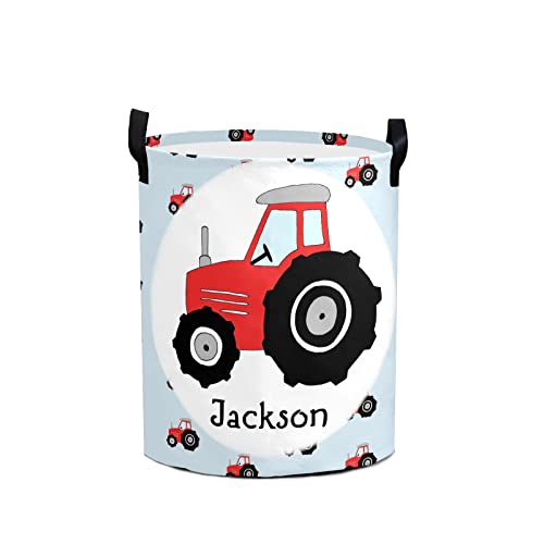 Grandkli Boy's Red Tractor Pattern Personalized Freestanding Laundry Hamper, Custom Waterproof Collapsible Drawstring Basket Storage Bins with Handle for Clothes, Toy, 50cm x 36cm