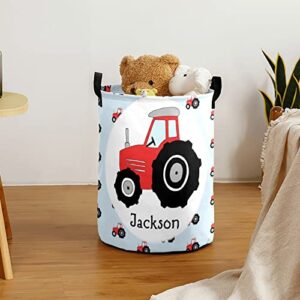 Grandkli Boy's Red Tractor Pattern Personalized Freestanding Laundry Hamper, Custom Waterproof Collapsible Drawstring Basket Storage Bins with Handle for Clothes, Toy, 50cm x 36cm