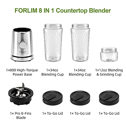 FORLIM Personal Blender for Shakes and Smoothies, Portable Smoothie Blender with 5 Speeds & Pulse,800-Watt, 8 Fins Turbo Blades, (2) 34 Oz + (1)12 Oz BPA-Free Tritan Travel Cups, (3) To-Go Lids, Stainless Steel Silver