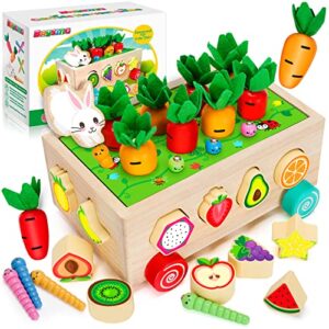 baysing montessori toys for 2,3,4 year old baby boys and girls, carrots harvest game, wooden shape sorting toys gifts for toddlers, kids age 1-3, wood preschool learning fine motor skills game