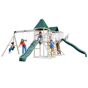 kidkraft titan cliffs wooden outdoor swing set/playset with slides, ninja rope bridge and 3 swings