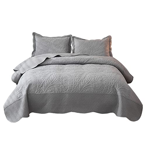 MarCielo 3-Piece 100% Cotton Oversized Bedspread Set Coverlet Set Lightweight Quilt Set Embroidery Farmhouse Bedding Set (Noble Grey, Queen (100"x106"))