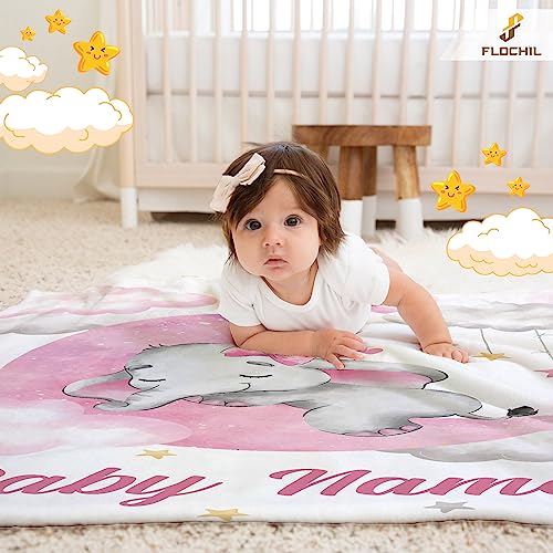 FLOCHIL Personalized Baby Blankets, Custom Baby Blanket - Baby Blanket with Name for Girls, Best Gift for Baby, Newborn Elephants Plush Fleece (30x40)