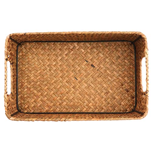 Housoutil 1pc Water Hyacinth Storage Baskets, Woven Basket with Carrying Handles, Decorative Rectangular Wicker Basket Storage Box for Nursery, Living Room, Bathroom 11.8x7.8x3.9in.