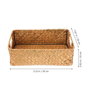 Housoutil 1pc Water Hyacinth Storage Baskets, Woven Basket with Carrying Handles, Decorative Rectangular Wicker Basket Storage Box for Nursery, Living Room, Bathroom 11.8x7.8x3.9in.