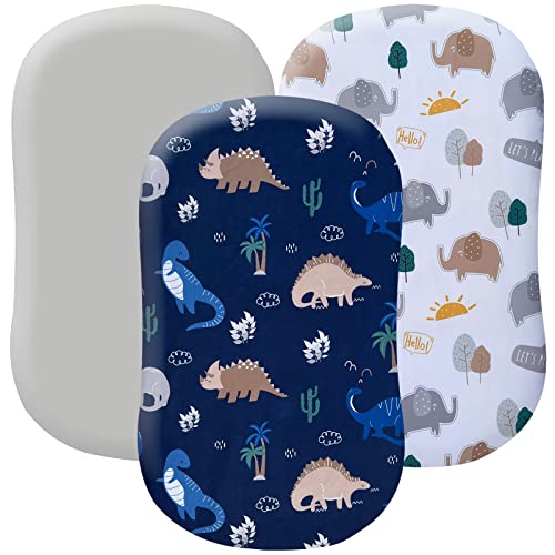 JAROSY Ultra Soft Baby Bassinet Sheets 3 Pack, Silky Skin-Friendly Cradle Sheets for Boys, 5'' Deep Pocket Fit Various Shaped Cradle and Bassinet Mattress, Dinosuars & Elephant & Grey