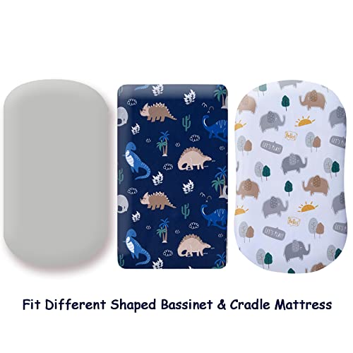 JAROSY Ultra Soft Baby Bassinet Sheets 3 Pack, Silky Skin-Friendly Cradle Sheets for Boys, 5'' Deep Pocket Fit Various Shaped Cradle and Bassinet Mattress, Dinosuars & Elephant & Grey