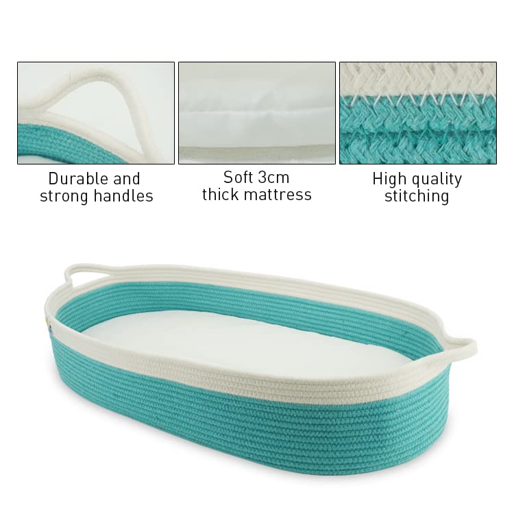 Littexplorer Portable Travel Baby Moses Basket - Diaper Changing Pad Table - Dresser and Nursery Change Bassinet - 3cm Thick Comfortable Mattress with Washable Topper - 100% Cotton - Turquoise Color