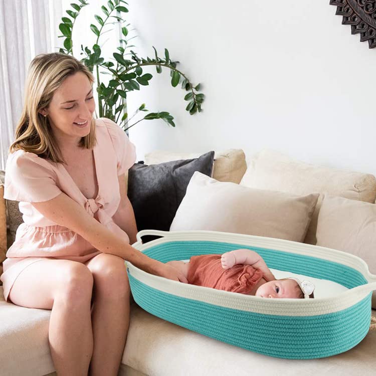 Littexplorer Portable Travel Baby Moses Basket - Diaper Changing Pad Table - Dresser and Nursery Change Bassinet - 3cm Thick Comfortable Mattress with Washable Topper - 100% Cotton - Turquoise Color