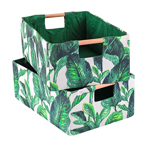 ANMINY 2PCS Storage Bins Set Foldable Cotton Linen Fabric Open Storage Baskets Box Cube with Wood Handles Decorative Nursery Baby Kid Toys Clothes Towel Laundry Container - Green Leaves, Large