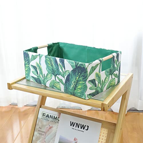 ANMINY 2PCS Storage Bins Set Foldable Cotton Linen Fabric Open Storage Baskets Box Cube with Wood Handles Decorative Nursery Baby Kid Toys Clothes Towel Laundry Container - Green Leaves, Large