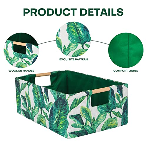 ANMINY 2PCS Storage Bins Set Foldable Cotton Linen Fabric Open Storage Baskets Box Cube with Wood Handles Decorative Nursery Baby Kid Toys Clothes Towel Laundry Container - Green Leaves, Large