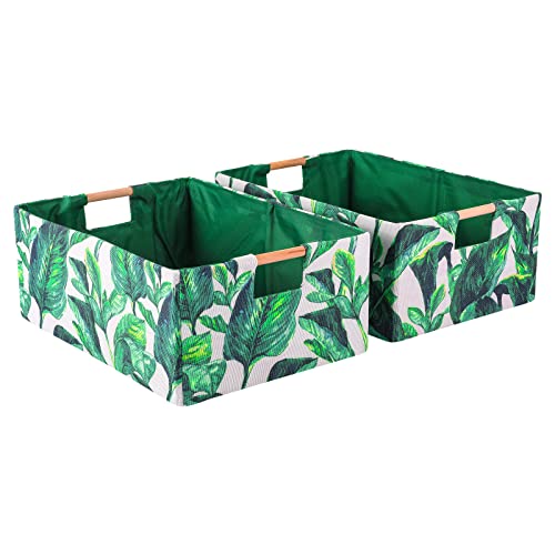 ANMINY 2PCS Storage Bins Set Foldable Cotton Linen Fabric Open Storage Baskets Box Cube with Wood Handles Decorative Nursery Baby Kid Toys Clothes Towel Laundry Container - Green Leaves, Large