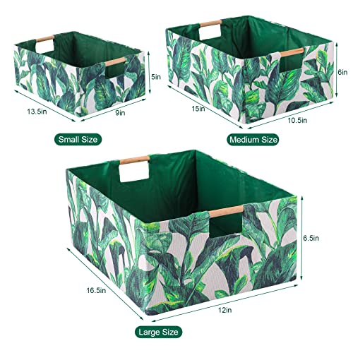 ANMINY 2PCS Storage Bins Set Foldable Cotton Linen Fabric Open Storage Baskets Box Cube with Wood Handles Decorative Nursery Baby Kid Toys Clothes Towel Laundry Container - Green Leaves, Large