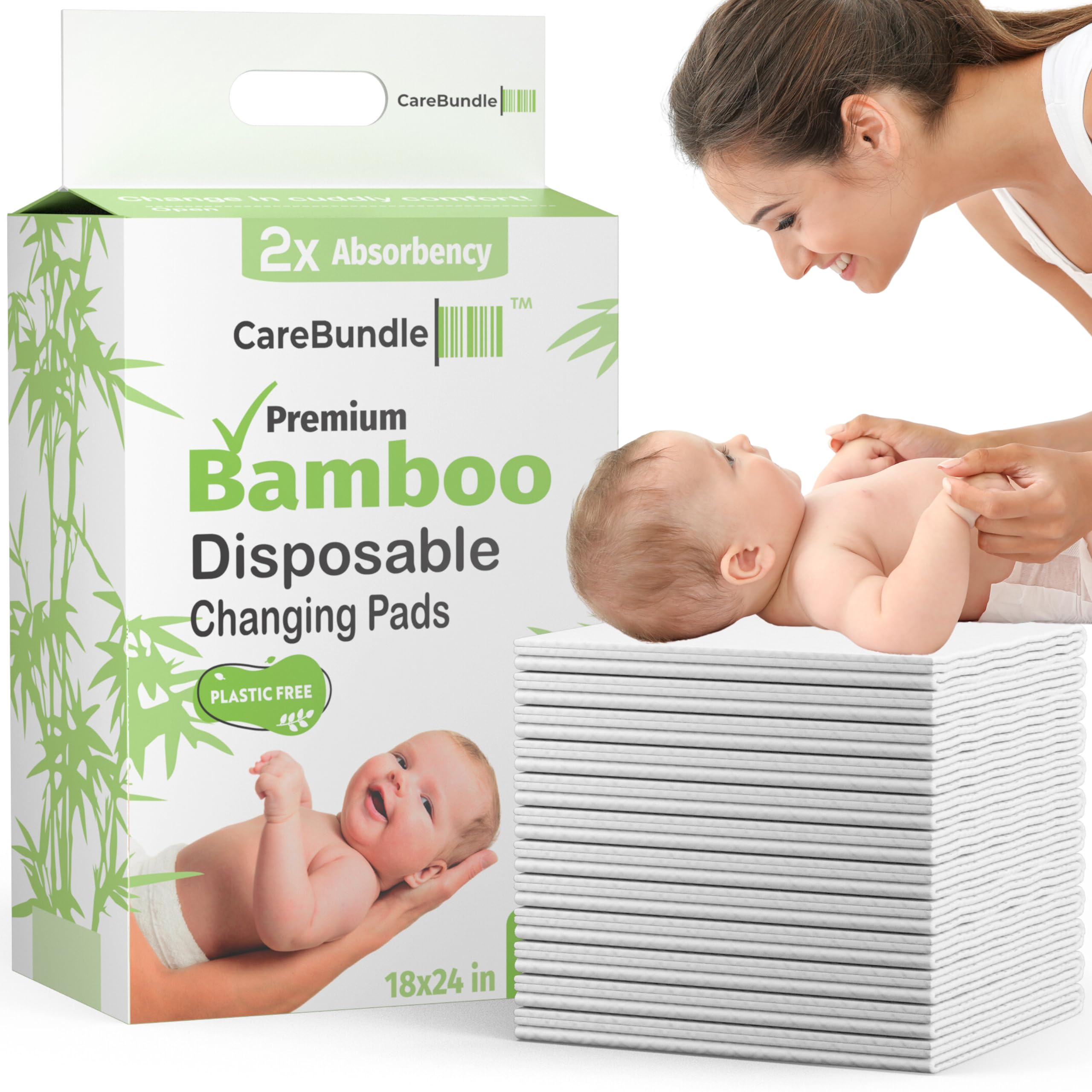 CareBundle® Plastic Free Disposable Diaper Baby Changing Pad Liner - Ultra Soft Bamboo, Plant-Based, Perfect For Diaper Bags and All Surfaces 18"x24" (Pack of 40)