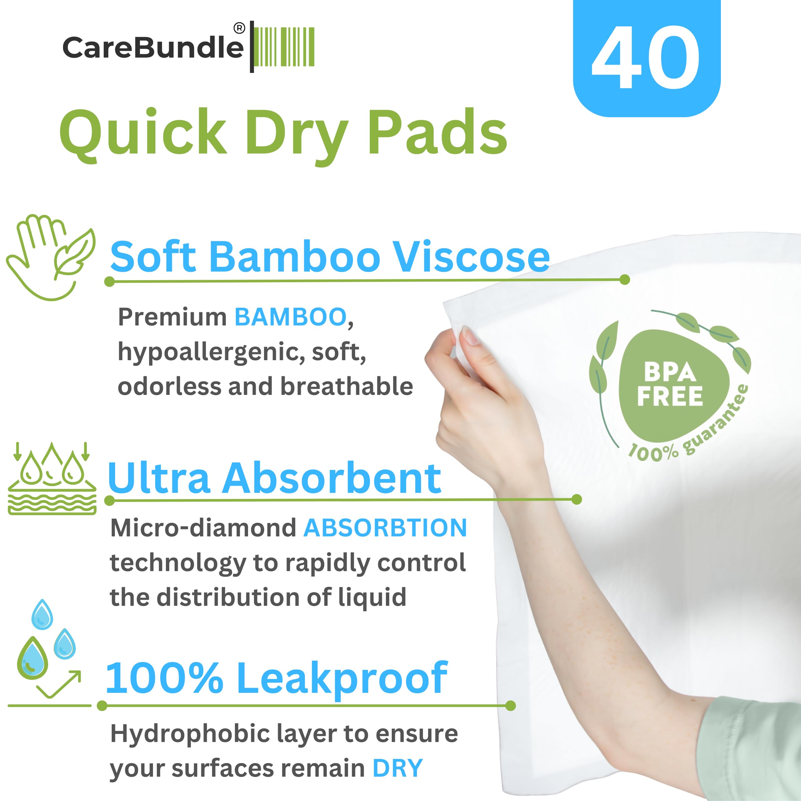 CareBundle® Plastic Free Disposable Diaper Baby Changing Pad Liner - Ultra Soft Bamboo, Plant-Based, Perfect For Diaper Bags and All Surfaces 18"x24" (Pack of 40)