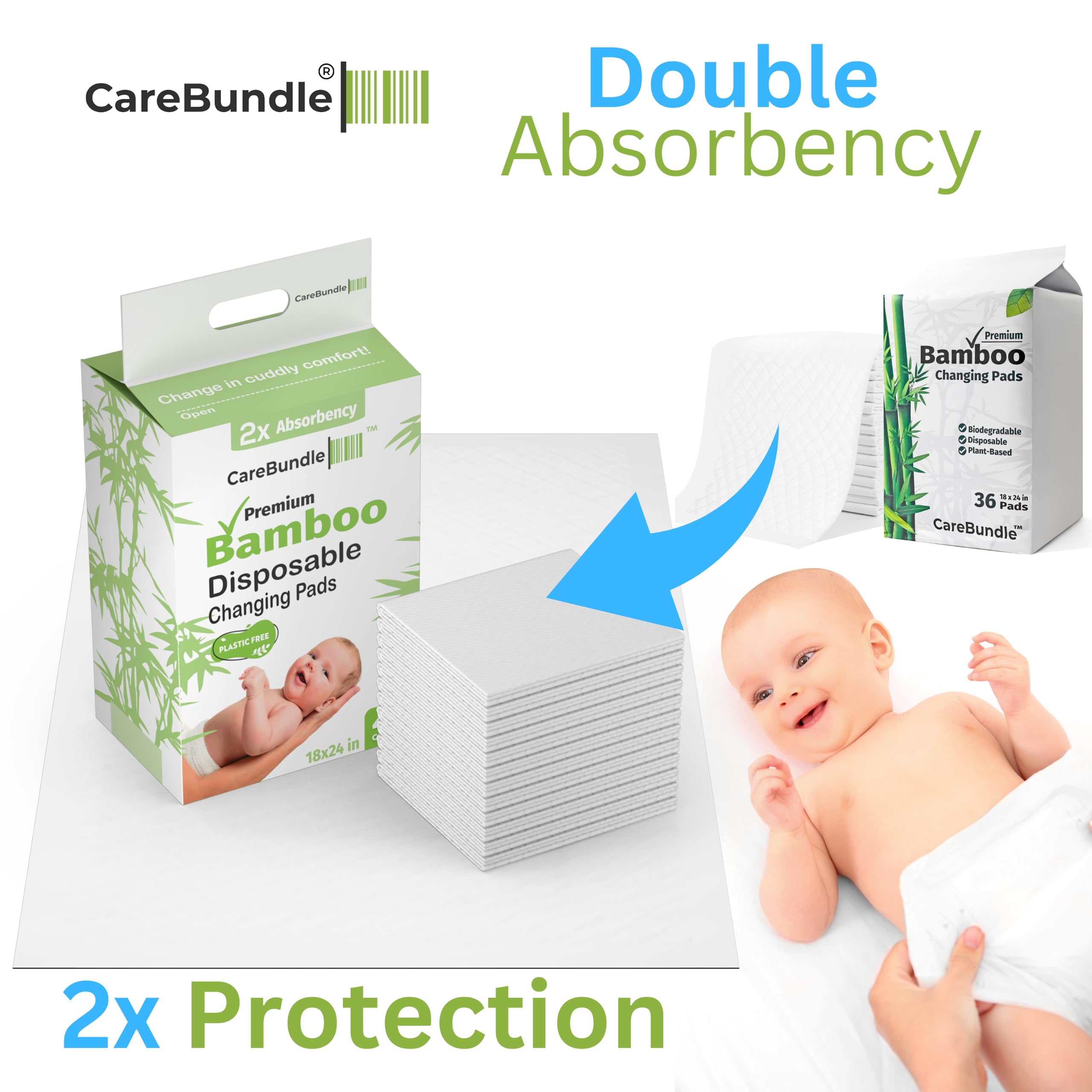 CareBundle® Plastic Free Disposable Diaper Baby Changing Pad Liner - Ultra Soft Bamboo, Plant-Based, Perfect For Diaper Bags and All Surfaces 18"x24" (Pack of 40)