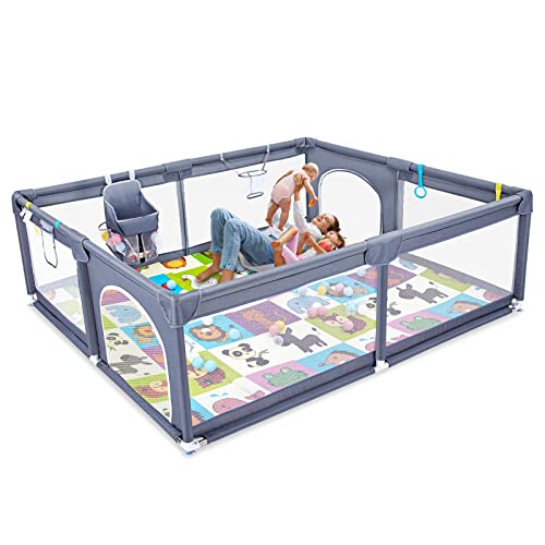 Baby Playpen, Play Pen with Mat, 79”×71” Extra Large Playpen for Babies and Toddlers HMHKHN No Gap Baby Fence Area with Breathable Mesh, Safety Baby Gate Playpen