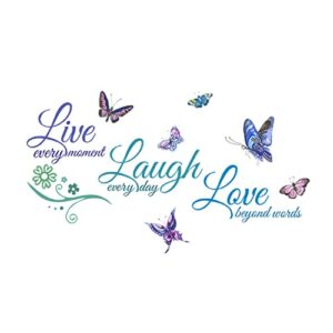 live laugh love inspirational quotes wall decals butterfly motivational lettering positive sayings diy sticker vinyl art mural for bedroom living room nursery decor(blue)