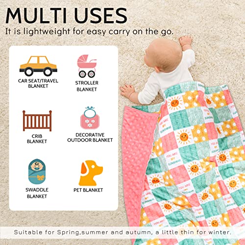 Baby Blanket for Girls, Super Soft Double Layer Minky Blankets with Dotted Backing, Sun Smile Toddler Newborn Nursery Bed Blanket, You are My Sunshine Print Throw Blanket, 30 X 40 Inches