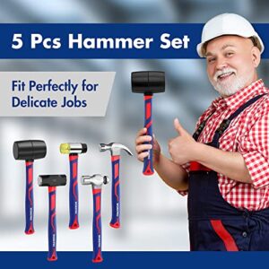 WORKPRO 5-Piece Hammer Set, Forged & Polished Steel Head, Fiberglass Handle, 32oz Rubber Mallet | 16oz Claw Hammer | 3lb Sledge Hammer | 16oz Ball Peen Hammer | 22oz Double-Faced Mallet