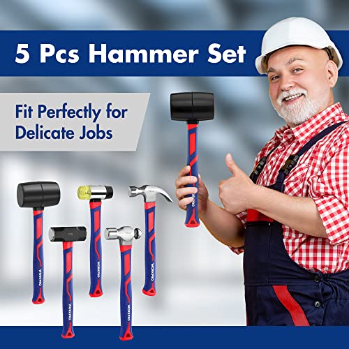 WORKPRO 5-Piece Hammer Set, Forged & Polished Steel Head, Fiberglass Handle, 32oz Rubber Mallet | 16oz Claw Hammer | 3lb Sledge Hammer | 16oz Ball Peen Hammer | 22oz Double-Faced Mallet