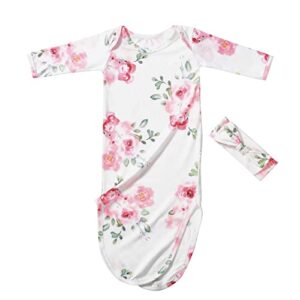 Mikccer Baby Newborn Knotted Gown 0-6 Months, Soft Breathable Sleeper Gowns, Babies Girl Coming Home Outfit Infant Watercolor Flowers Nightgowns with Headband Set